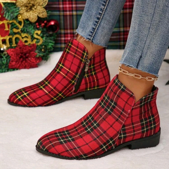 SHEIN | Shoes | New Low Heel Red Plaid Pointed Toe Boots | Poshmark